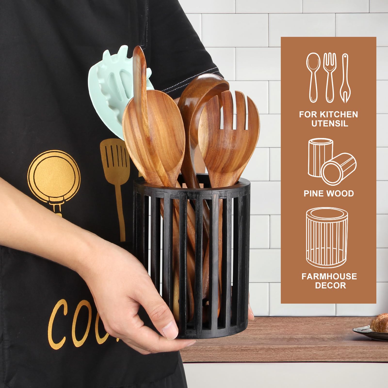 Wood Kitchen Utensil Holder Silverware Caddy Black Wooden Utensil Holder Modern Cutlery Holder Farmhouse Utensil Crock Flatware Caddy Cooking Utensil Organizer Holder for Countertop Spoon Holder