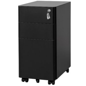 lvsteel 3 drawer slim vertical file cabinet with lock, under desk metal filing cabinet for home office fits legal/letter/a4 file, fully assembled except wheels, black