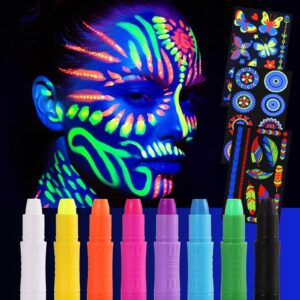 BOBISUKA Glow in The Black Light Face Body Paint Stick Kit with Temporary Tattoo Stickers, 8 Color UV Neon Face Painting Crayon Set for Art Theater Halloween Party Cosplay Clown SFX Makeup