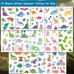 CHARLENT 110 Glitter Styles Dinosaur Temporary Tattoos for Kids - 14 Sheets Glitter Dinosaur Tattoos for Boys Girls Dino Birthday Party Favors Goodie Bag Fillers