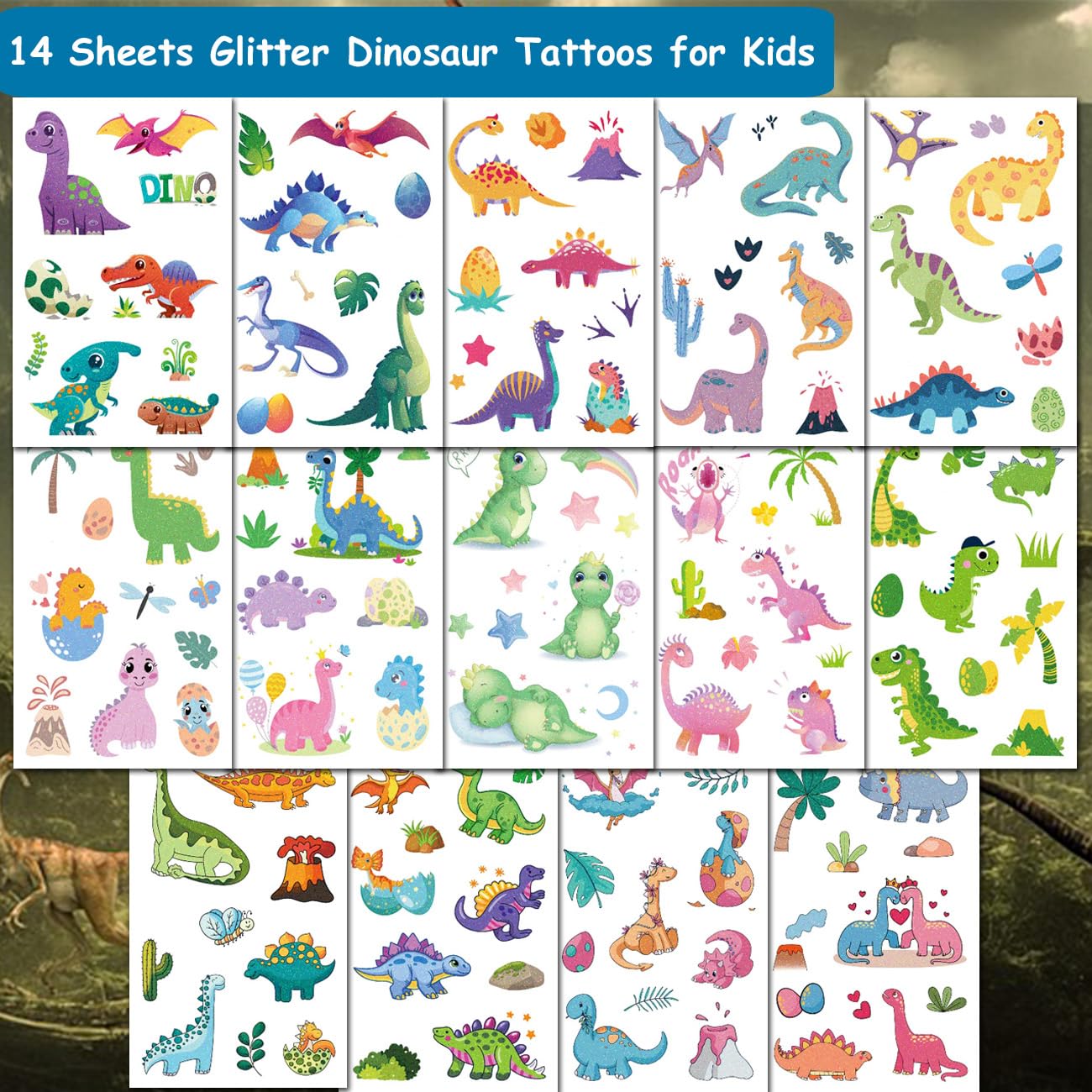 CHARLENT 110 Glitter Styles Dinosaur Temporary Tattoos for Kids - 14 Sheets Glitter Dinosaur Tattoos for Boys Girls Dino Birthday Party Favors Goodie Bag Fillers