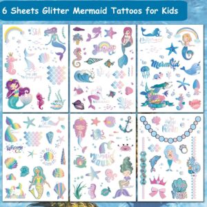 CHARLENT 100 Glitter Styles Mermaid Temporary Tattoos for Girls - 6 Sheets Glitter Mermaid Tattoos for Girls Mermaid Birthday Party Favors Goodie Bag Fillers