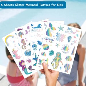 CHARLENT 100 Glitter Styles Mermaid Temporary Tattoos for Girls - 6 Sheets Glitter Mermaid Tattoos for Girls Mermaid Birthday Party Favors Goodie Bag Fillers