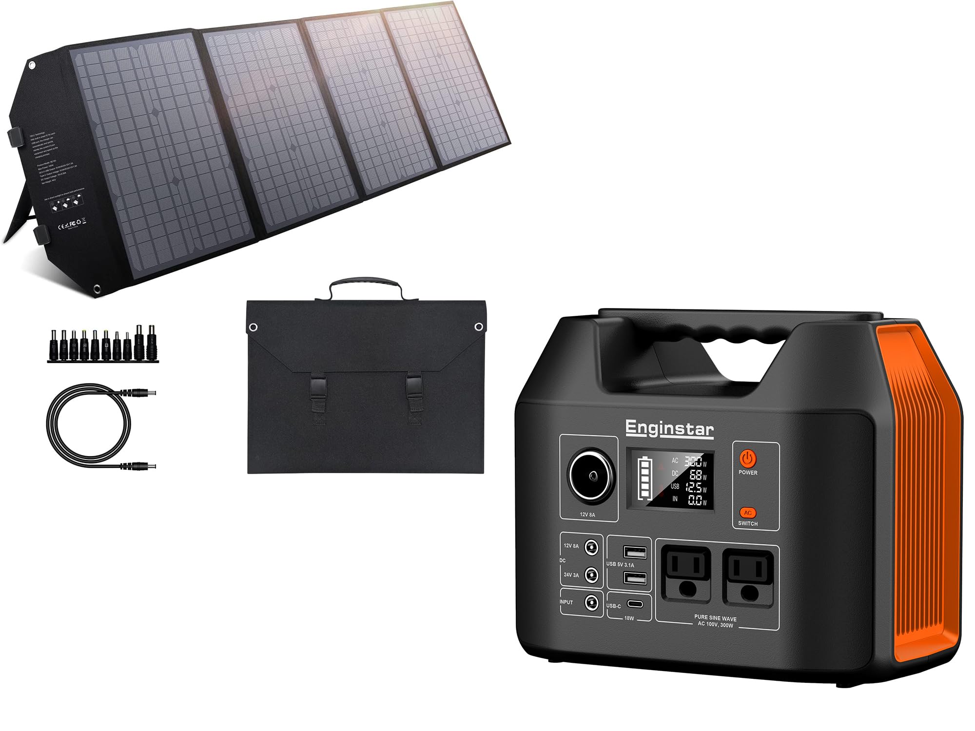 EnginStar Portable Power Station, 300W 296Wh Battery Bank with 110V Pure Sine Wave AC Outlet,100W Foldable Solar Panel Charger with 18V DC Outlet for Portable Power Stations