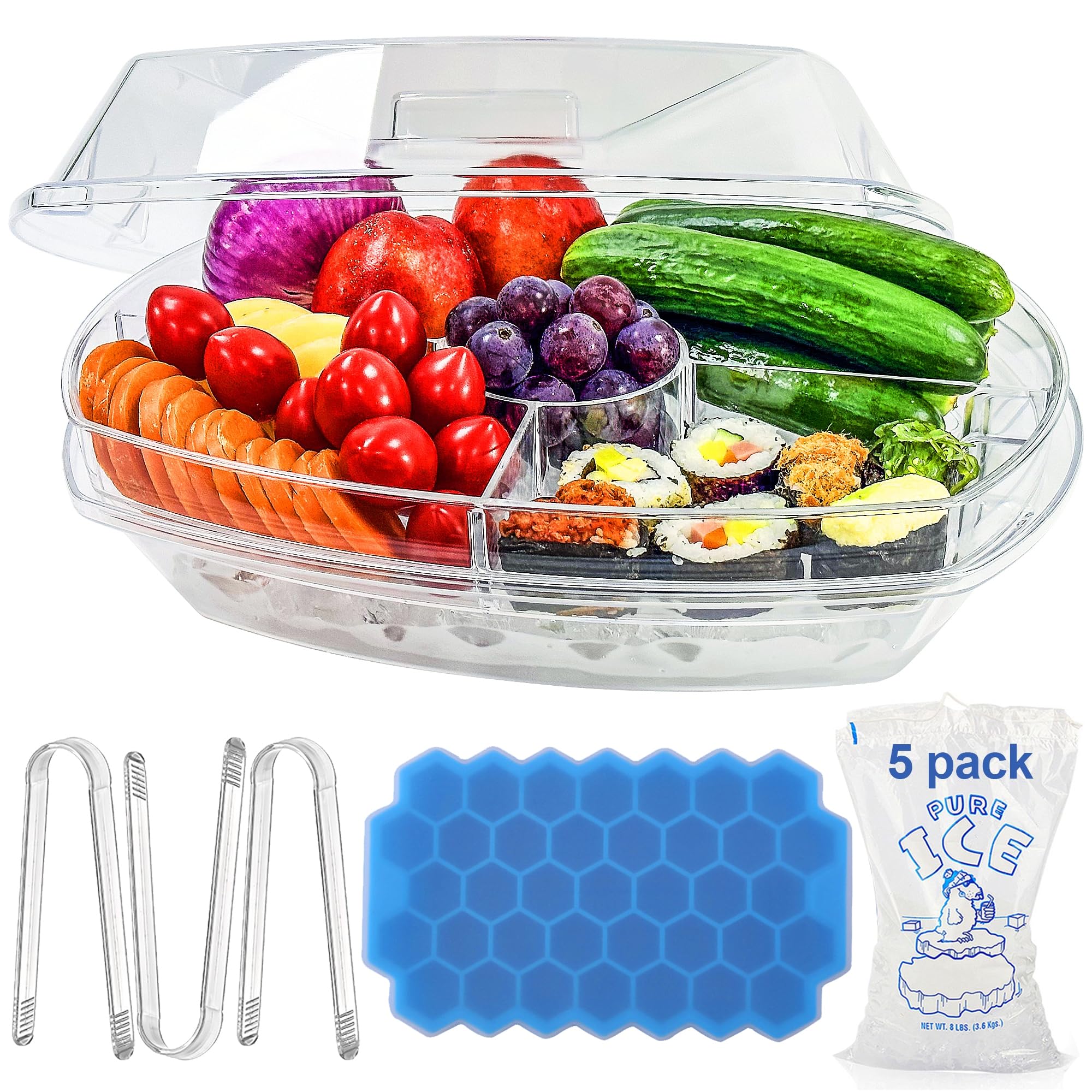 15 Inches Divided Serving Tray with Lid&Ice Tray, Party Platter, Snackle Box Container, Fruit Tray, Veggie Tray, Chip and Dip Bowl, Appetizers, Desserts, Cold Food Buffet Server