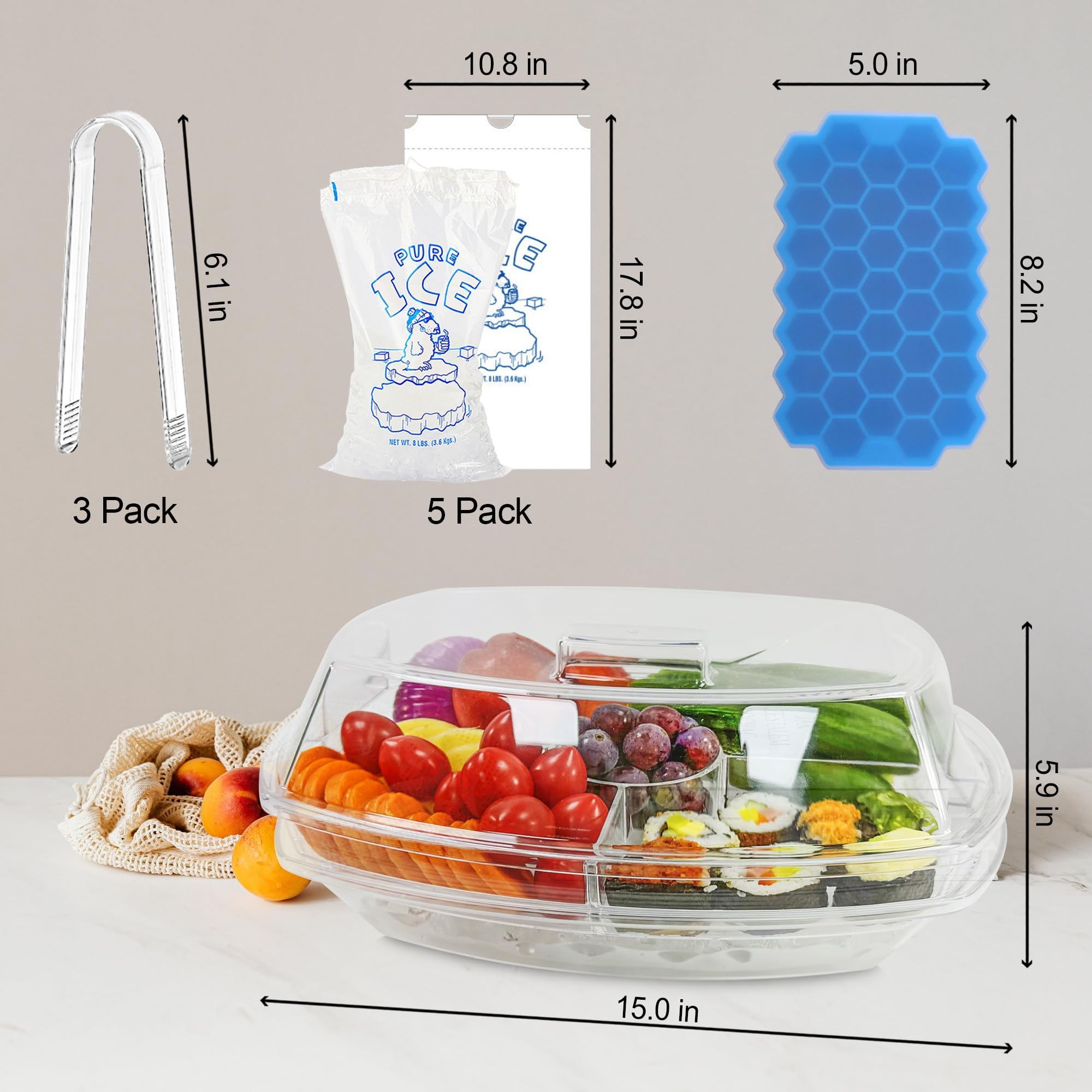 15 Inches Divided Serving Tray with Lid&Ice Tray, Party Platter, Snackle Box Container, Fruit Tray, Veggie Tray, Chip and Dip Bowl, Appetizers, Desserts, Cold Food Buffet Server