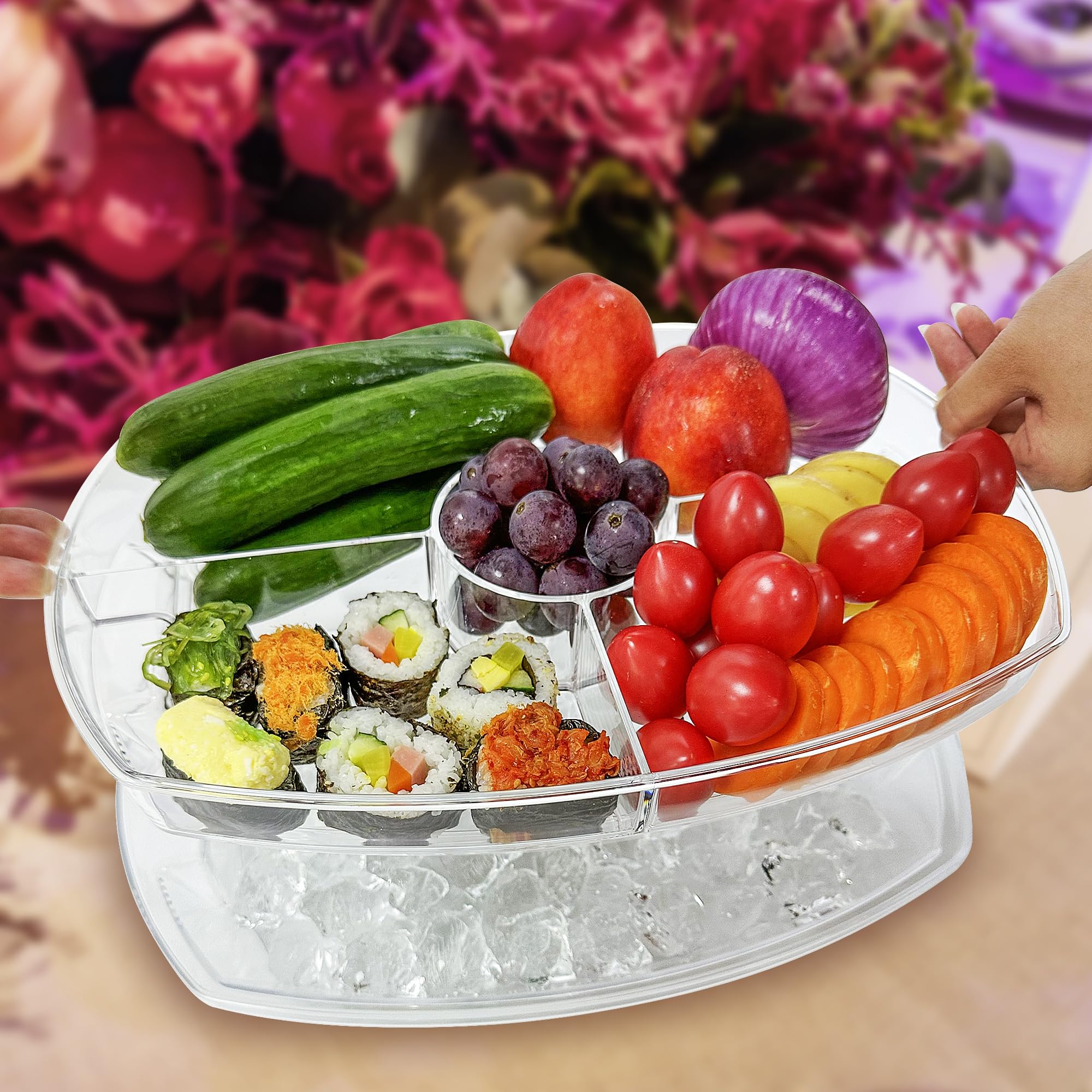 15 Inches Divided Serving Tray with Lid&Ice Tray, Party Platter, Snackle Box Container, Fruit Tray, Veggie Tray, Chip and Dip Bowl, Appetizers, Desserts, Cold Food Buffet Server