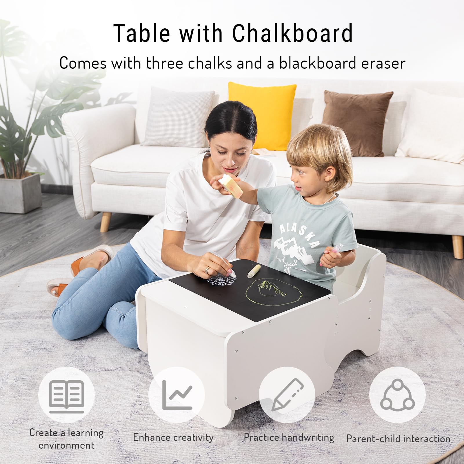 Tilhumt 2-in-1 Montessori Weaning Table and Chair Set with Chalkboard for Toddlers Age 1-4, Wooden Height Adjustable Chair, Kids Activity Table for Learning, Drawing, Dining, Easy Storage