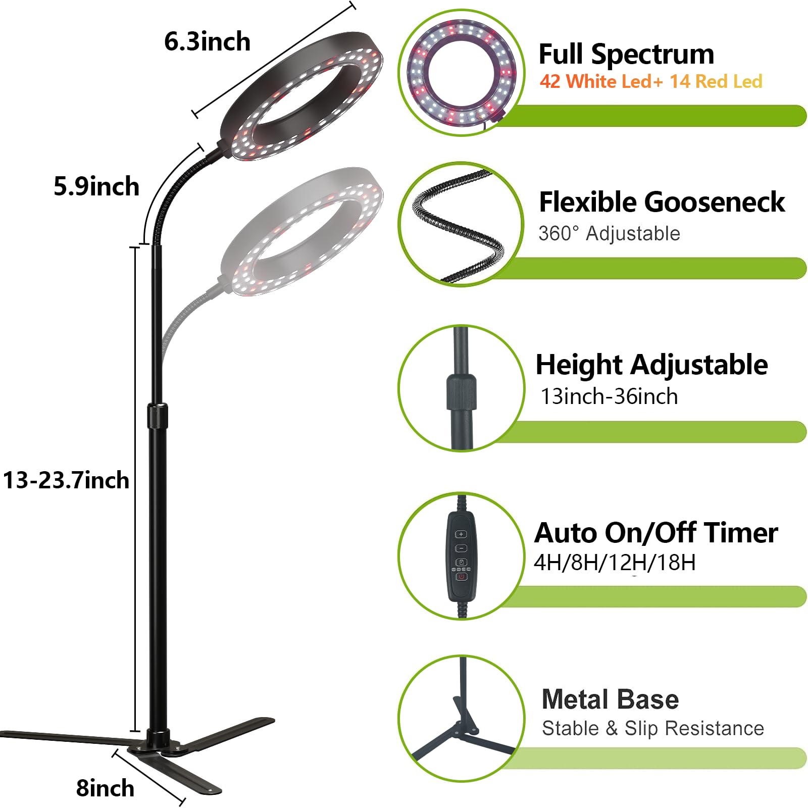 GooingTop Grow Light 6.3'' Ring,6000K 80W White Full Spectrum Gooseneck Plant Lamp for Indoor Home Office Plants Growing,Auto Timer 4 8 12 18Hrs,Height Extendable 15-36'' for Desktop Plants