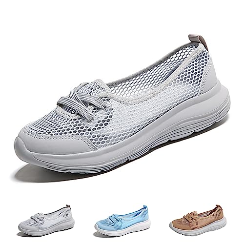 Women's Hollow Mesh Lace Up Flats Sneakers,Summer Fashion Breathable Low Top Backless Round Toe Comfortable Slip-on Soft Sole Casual Walking Shoe Loafer (Grey,8.5,8.5)