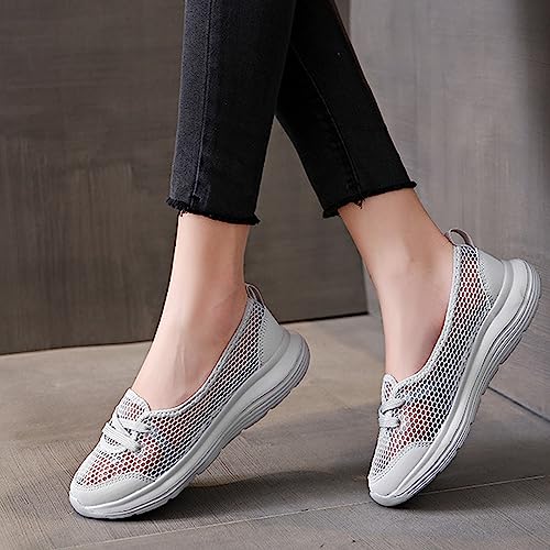 Women's Hollow Mesh Lace Up Flats Sneakers,Summer Fashion Breathable Low Top Backless Round Toe Comfortable Slip-on Soft Sole Casual Walking Shoe Loafer (Grey,8.5,8.5)