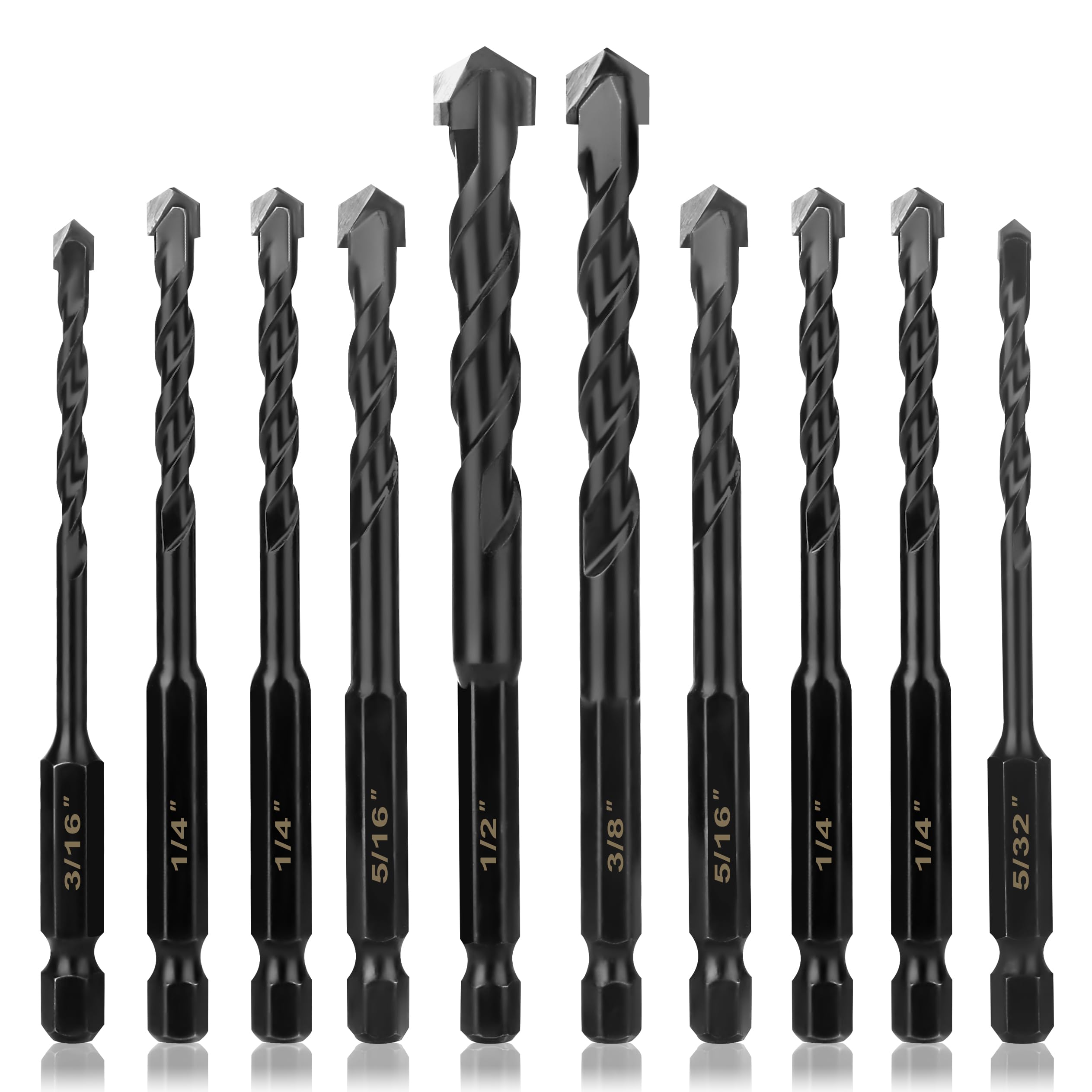 UBESTHS 10Pcs Masonry Drill Bits Kit for Concrete, Stone, Carbide Drill Bit Set for Glass, Brick, Tile, Plastic, Ceramic and Wood Size 5/32 to 1/2 inch