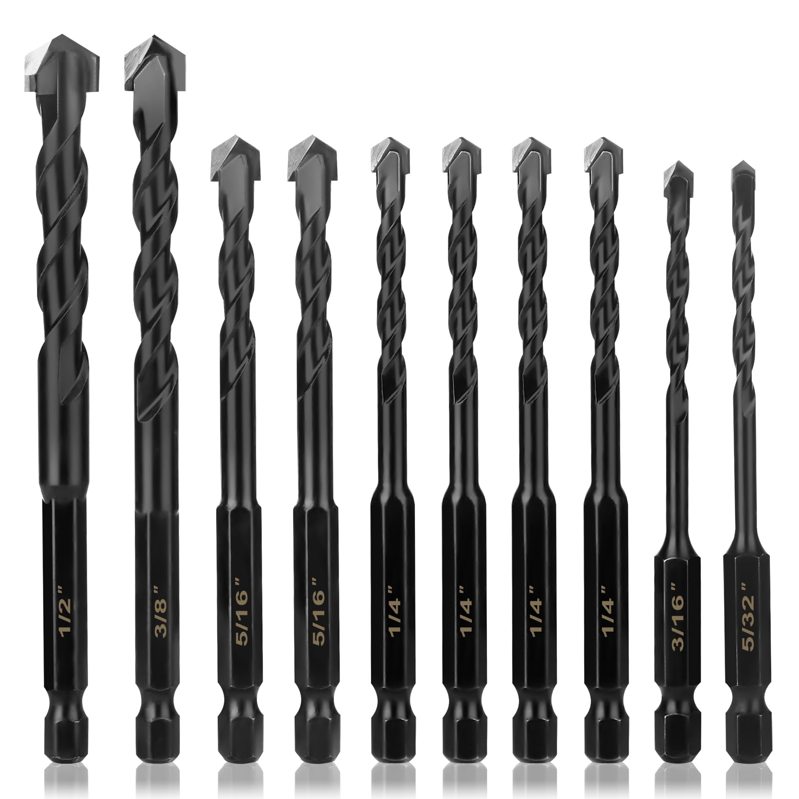 UBESTHS 10Pcs Masonry Drill Bits Kit for Concrete, Stone, Carbide Drill Bit Set for Glass, Brick, Tile, Plastic, Ceramic and Wood Size 5/32 to 1/2 inch