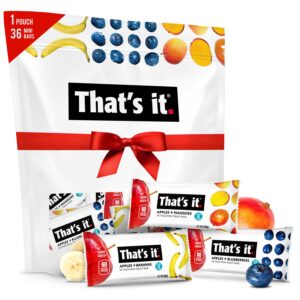 that's it. mini fruit bars gift pouch (variety 36 count) no sugar added, plant-based, vegan & gluten free, paleo, non gmo, fiber (12 banana, 12 blueberry, 12 mango)