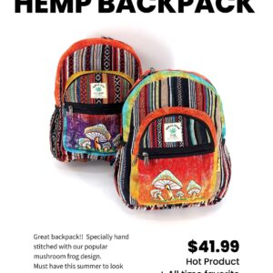 Unique design Mushroom Embroidered Himalaya Hemp Hippie Backpack Festival Backpack Hiking Backpack FAIR TRADE Handmade with Love