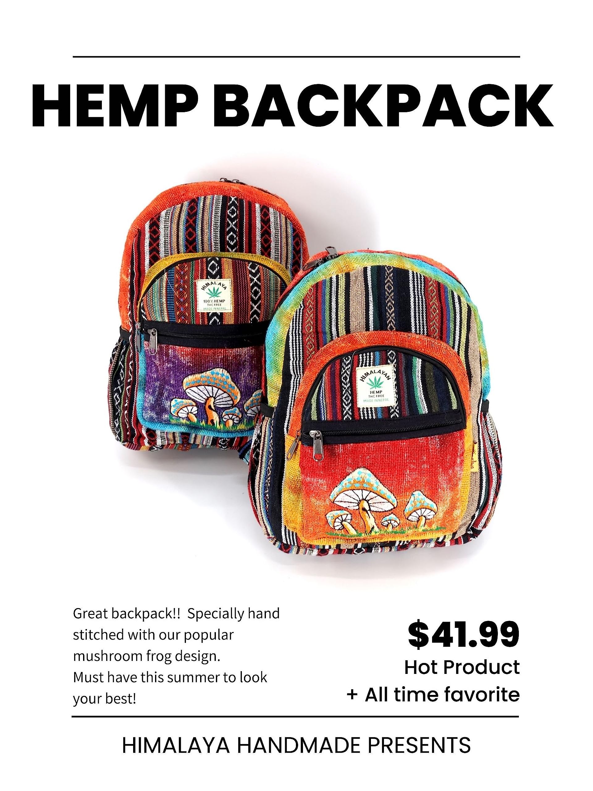 Unique design Mushroom Embroidered Himalaya Hemp Hippie Backpack Festival Backpack Hiking Backpack FAIR TRADE Handmade with Love