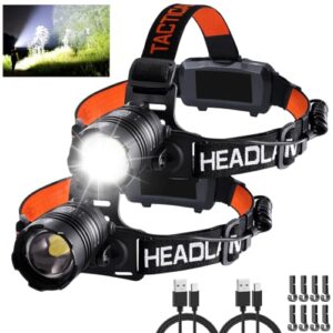 headlamp rechargeable 2pack, 150000lm bright head lamp, adjustable focus headlight outdoor, 4mode head lights for forehead, 90° led headlamp, waterproof headlamps for adults camping hiking hard hat