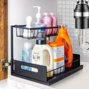 mzuotu under sink organizer and storage, 2 tier pull out cabinet organizer sliding shelf cabinet storage multi-use slide l-shape under sink cabinet drawer organizer for kitchen bathroom