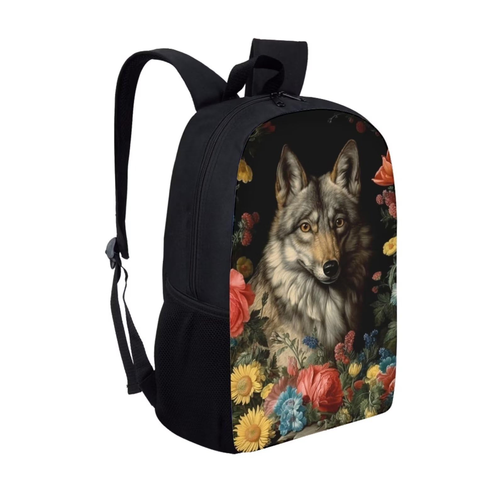 Vintage Floral Wolf Backpack for Boys Girls Elementary Cute School Bag with Padded Back Adjustable Straps Personalized Trendy Large Capacity Backpack 17 Inch Student Basic Black Bookbag