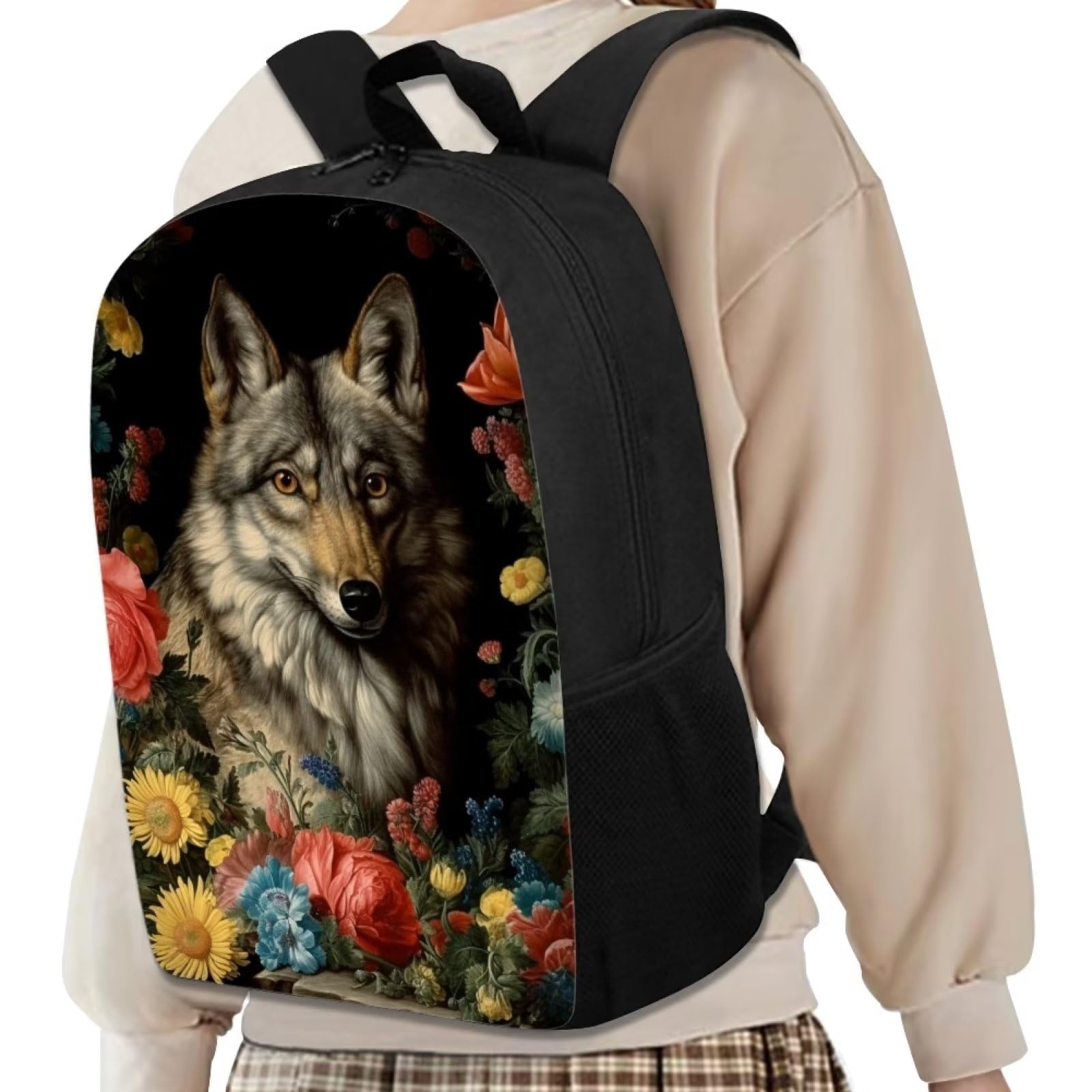 Vintage Floral Wolf Backpack for Boys Girls Elementary Cute School Bag with Padded Back Adjustable Straps Personalized Trendy Large Capacity Backpack 17 Inch Student Basic Black Bookbag