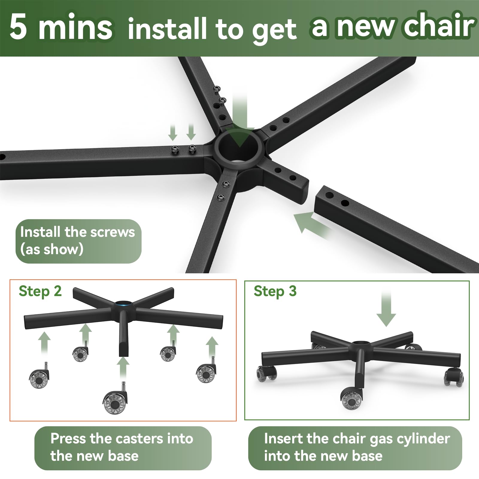 Office Chair Base Replacement : 25 inch Metal Desk Chair Base Replacement,Universal Gas Cylinder Hole and Casters Wheels Sockets,Unique Look to Decorate Your Office Chair (Black)