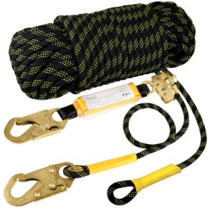 trsmima rope harness safety lanyard：50ft vertical roofing rope with grab snap hooks shock absorber - fall protection tree climbing line kit heavy duty roof safety equipment ansi ce