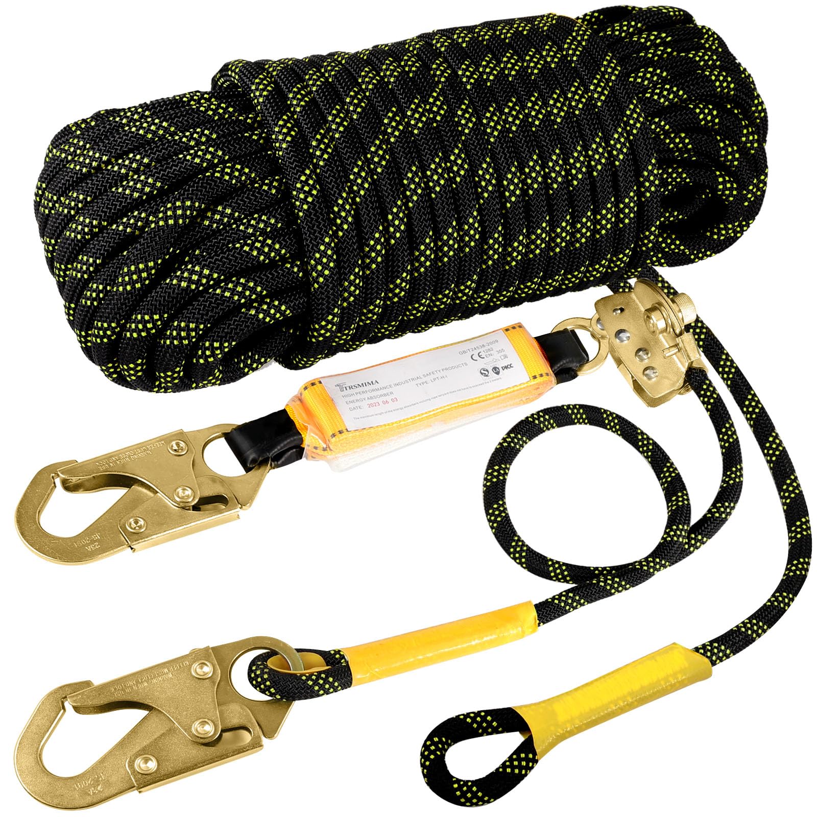 TRSMIMA Rope Harness Safety Lanyard：50ft Vertical Roofing Rope With Grab Snap Hooks Shock Absorber - Fall Protection Tree Climbing Line Kit Heavy Duty Roof Safety Equipment ANSI CE