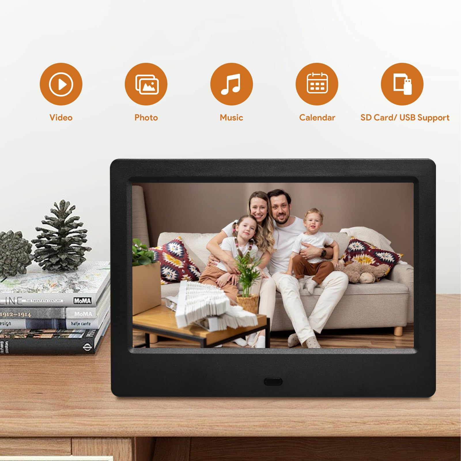 PiPivision 7-inch Digital Picture Frame, Plug in USB or SD Electronic Photo Frame, HD Display with Remote Control, Video and Music Support, Slideshow, Wall Mountable, for Seniors