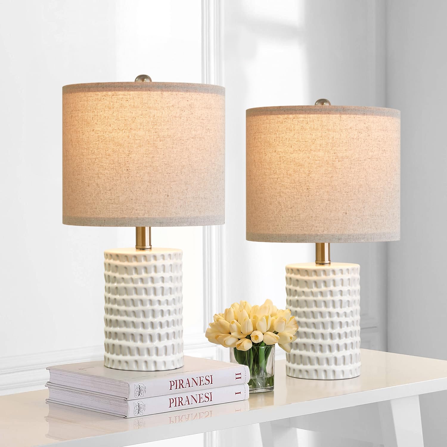 PORTRES 18.25" Modern Accent Ceramic Table Lamp Set of 2 for Bedroom White Desk Decor Bedside Lamps for Living Room Study Room Office Dorm Farmhouse Nightstand Lamp End Table Lamps