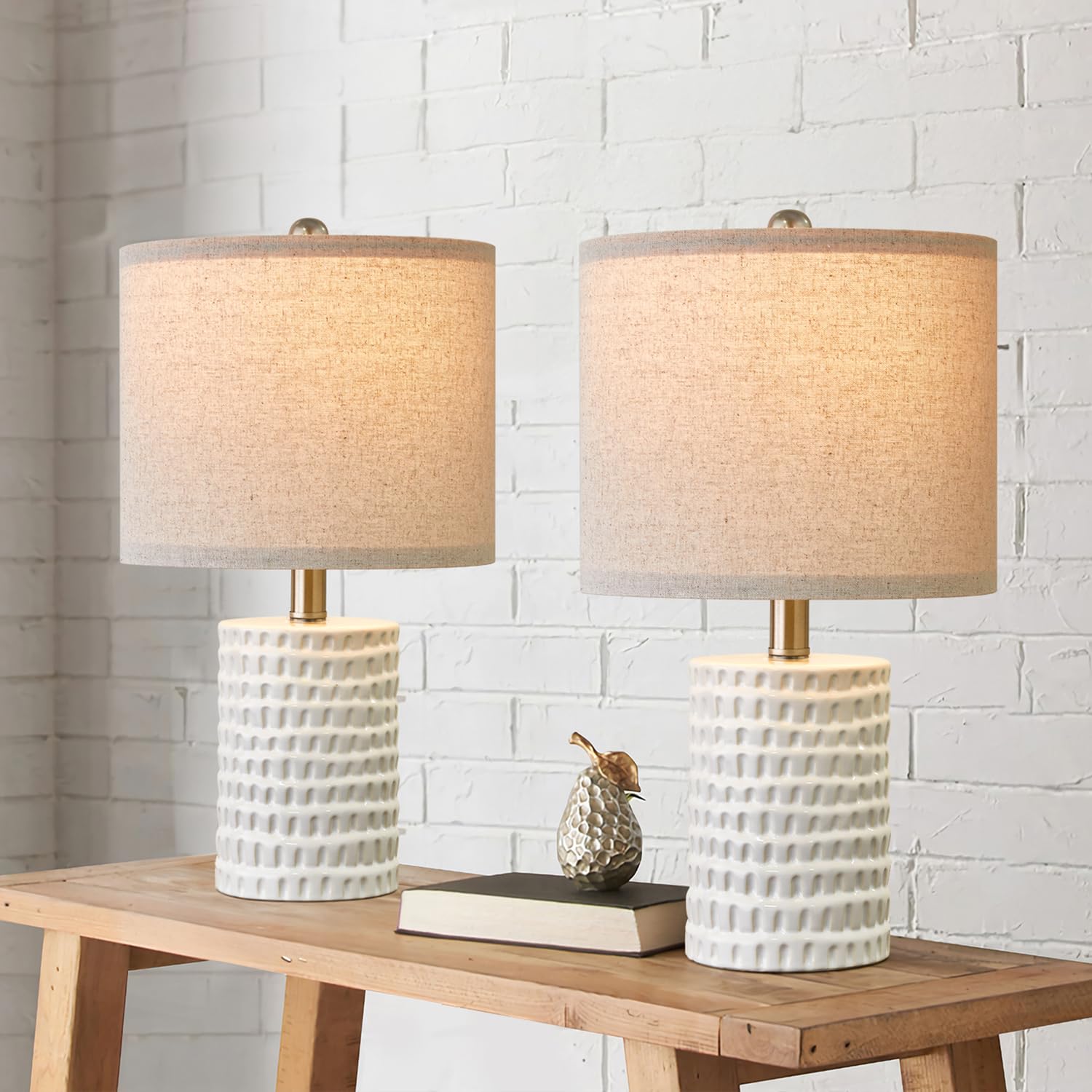 PORTRES 18.25" Modern Accent Ceramic Table Lamp Set of 2 for Bedroom White Desk Decor Bedside Lamps for Living Room Study Room Office Dorm Farmhouse Nightstand Lamp End Table Lamps