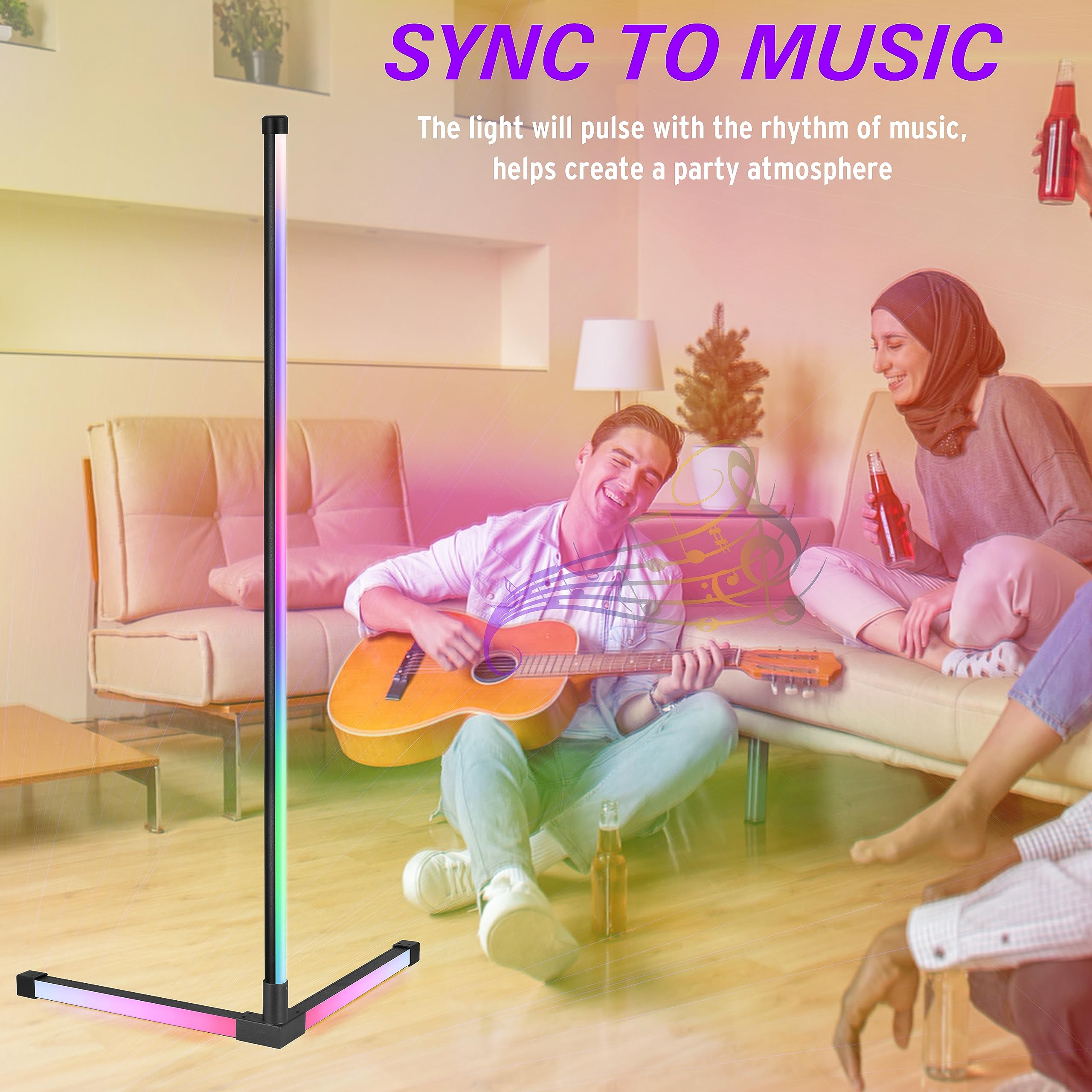 24W Corner Floor Lamp, 62" Smart RGB LED Floor Lamp with Music Sync, Modern Mood Lighting Corner Lamp Dimmable with Remote & App Control, DIY Mode & Timer RGB Corner Light for Living Room Gaming Room