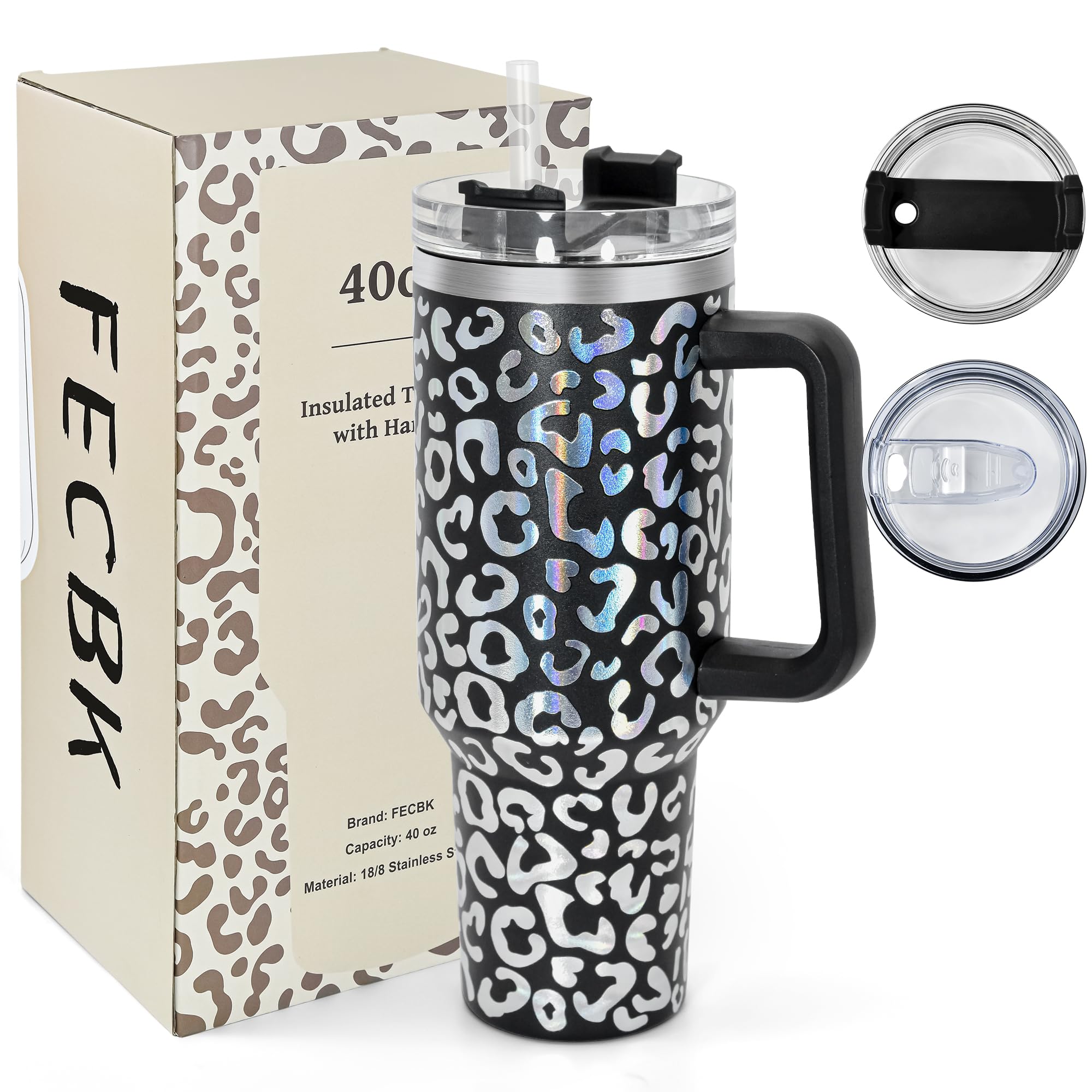 FECBK 40 oz Tumbler with Handle and Straw, 100% Leak-Proof Travel Mug, Stainless Steel Double Wall Vacuum Insulated Coffee Cup Keeps Cold For 34 Hours, Dishwasher Safe, BPA Free, Black Leopard