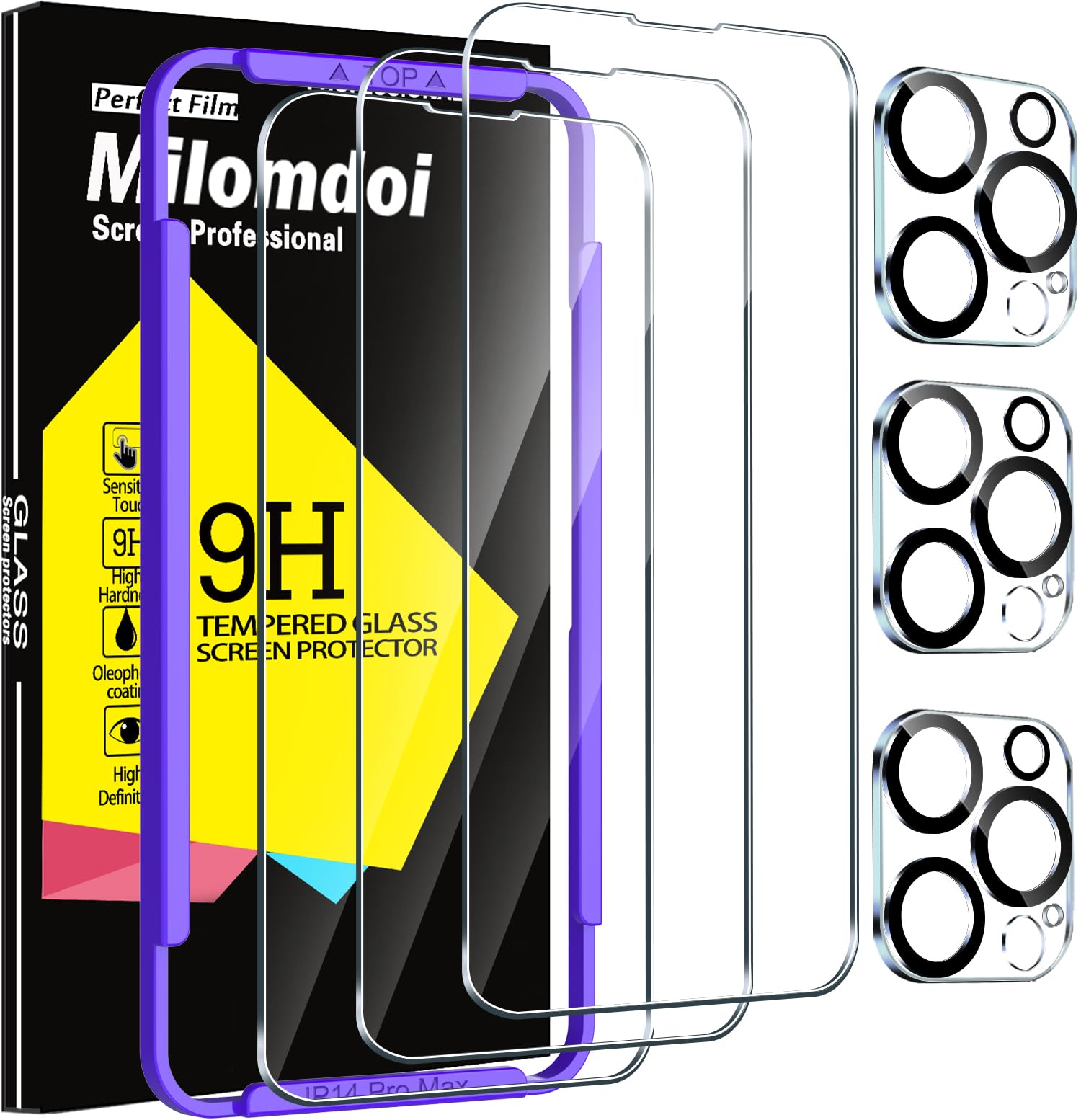 Milomdoi 3 Pack Screen Protector for Apple iPhone 14 Pro Max with 3 Pack Tempered Glass Camera Lens Protector, Ultra 9H Accessories, Case Friendly, Mounting Frame, 2.5D Curved, Transparent