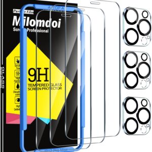 Milomdoi 3 Pack Screen Protector for Apple iPhone 12 Pro Max with 3 Pack Tempered Glass Camera Lens Protector, Ultra 9H Accessories, Case Friendly, Mounting Frame, 2.5D Curved, Transparent