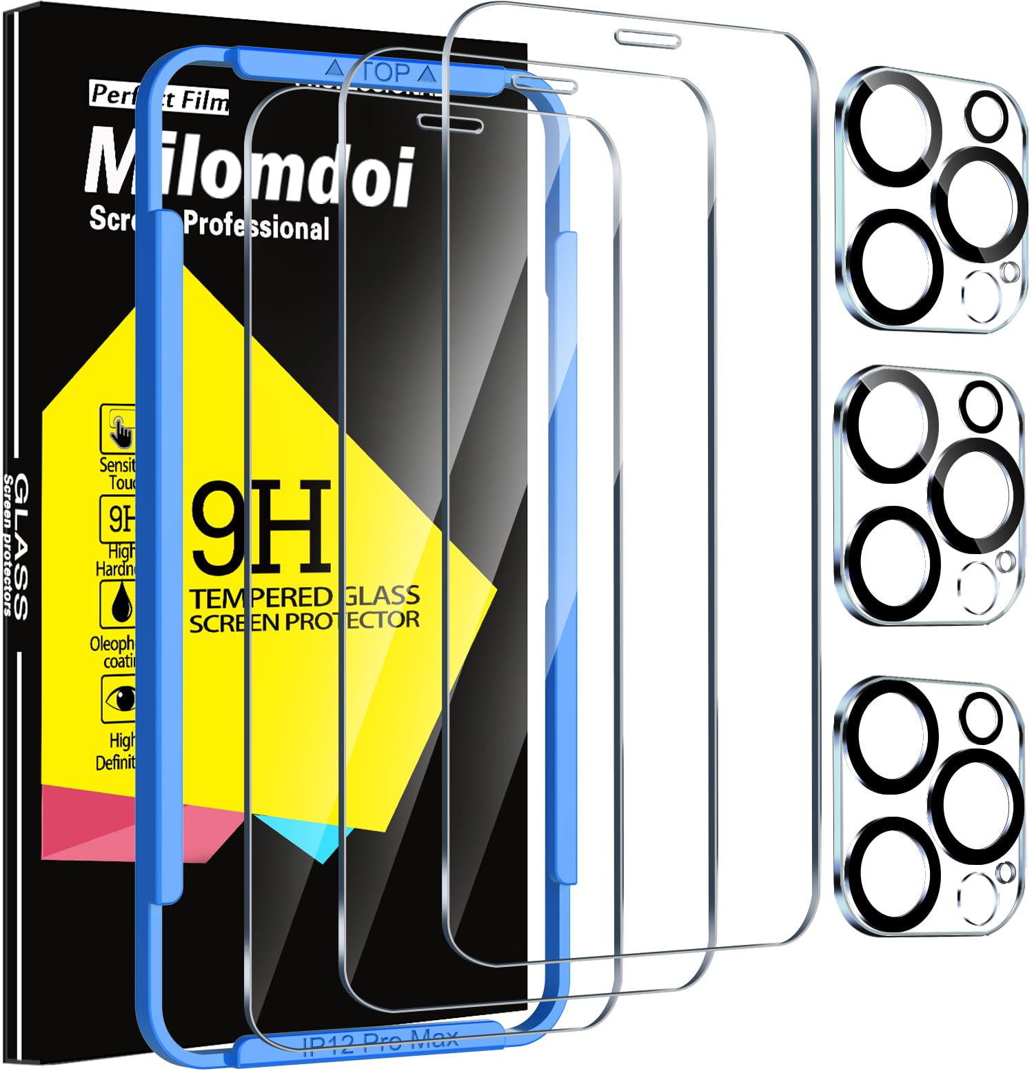 Milomdoi 3 Pack Screen Protector for Apple iPhone 12 Pro Max with 3 Pack Tempered Glass Camera Lens Protector, Ultra 9H Accessories, Case Friendly, Mounting Frame, 2.5D Curved, Transparent