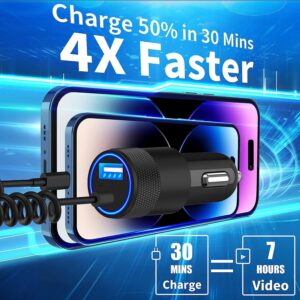 [Apple MFi Certified] iPhone Fast Car Charger, BAOYUANDA 66W PD + QC Power Rapid Car Charger Adapter with 6FT Coiled Lightning Cable Quick Car Charging for iPhone 14 13 12 11 Pro Max XS XR X 8 iPad