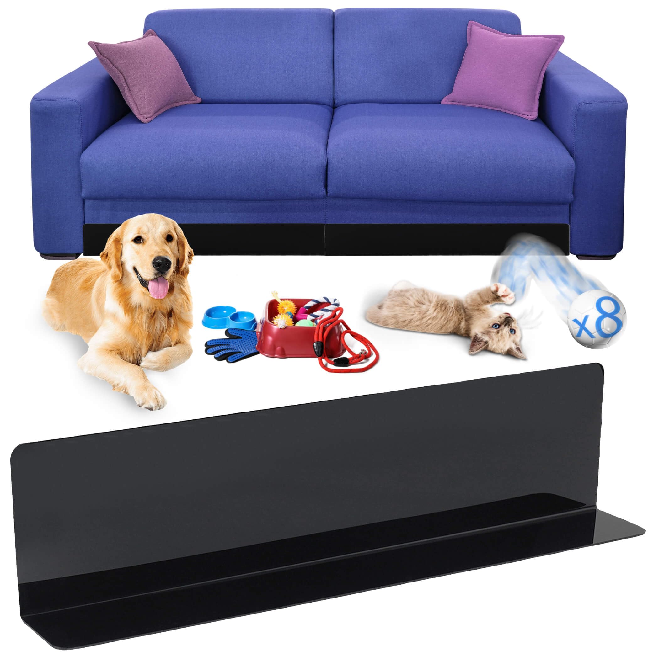 Extra Strength Under Couch Blocker Set (8 Pieces-15.3" Each) Acrylic Couch Toy Blocker for Under Couch Guard w/ Interchangeable Height & Round Corners - Easy Install Under the Couch Blocker for Dogs