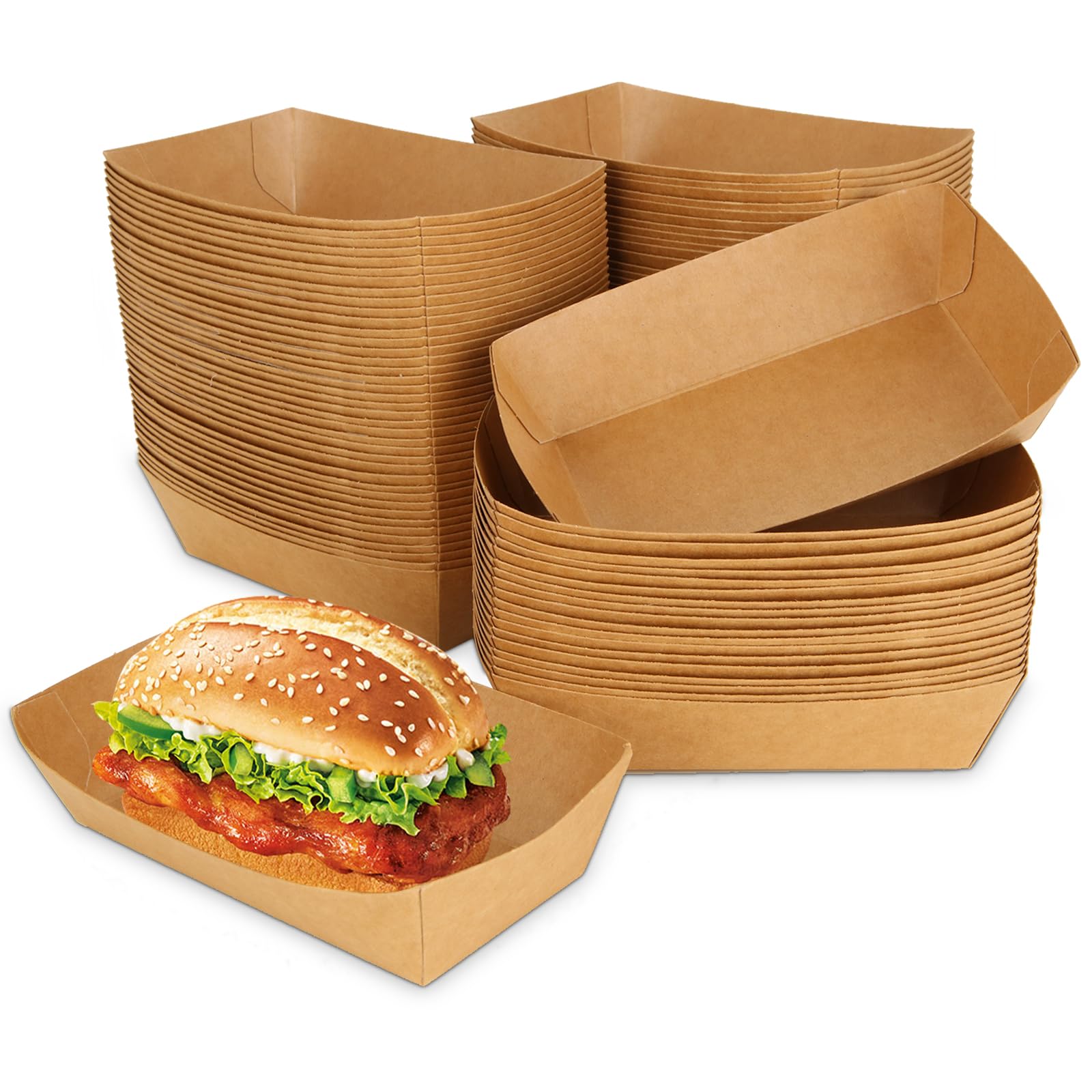 200 Pack Brown Kraft Paper Food Trays, 2 Lb Disposable Paper Food Boats, Kraft Paper Food Serving Tray, Greaseproof Paperboard Food Container for French Fries, Snacks, Nachos, Tacos, Picnic, Party