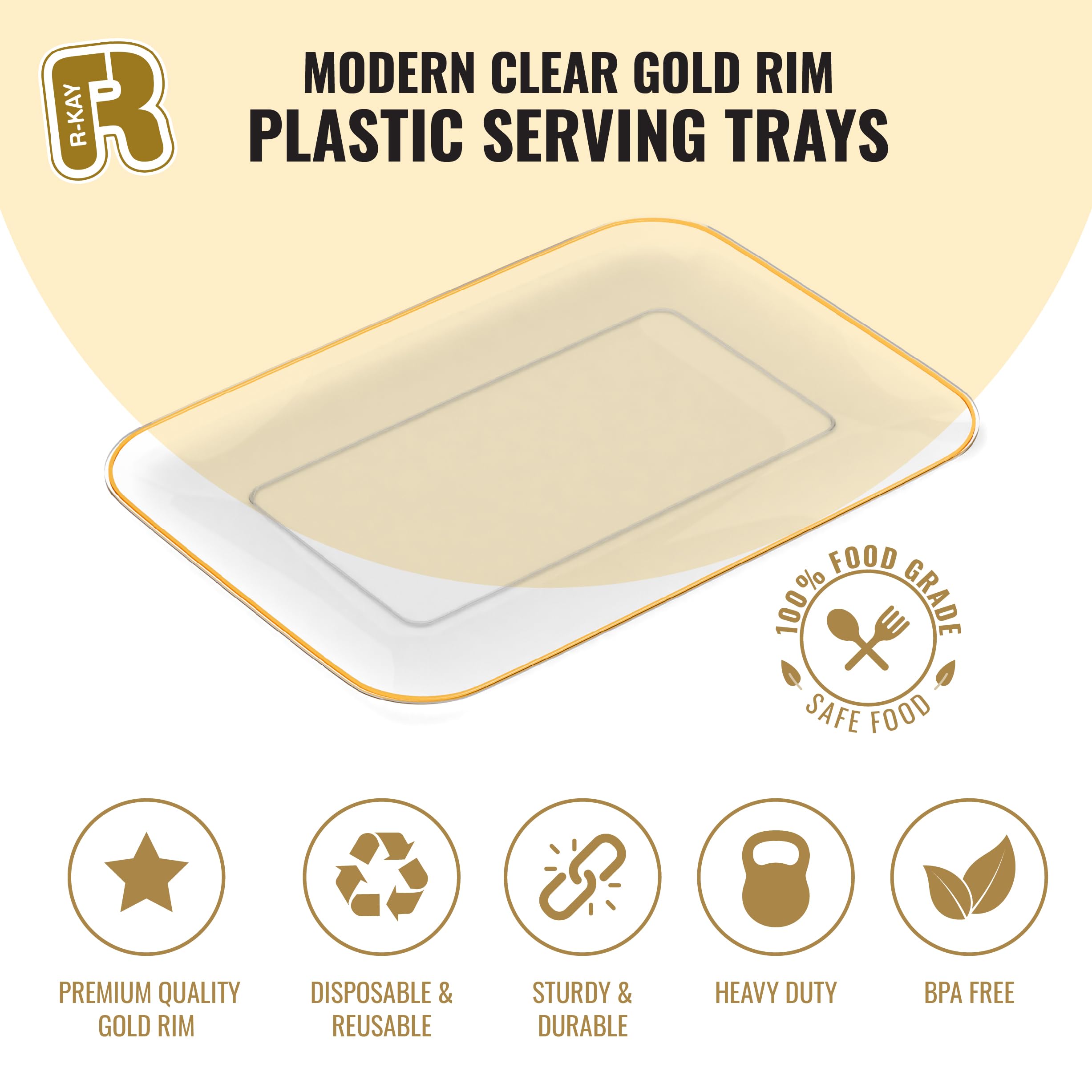 3 Pack Plastic Serving Trays for Party - Gold Serving Tray 8 by 11 Inch - Heavy Duty Dessert Trays for Food - Rectangular Party Serving Trays for Entertaining - Premium Party Trays - Clear Platters