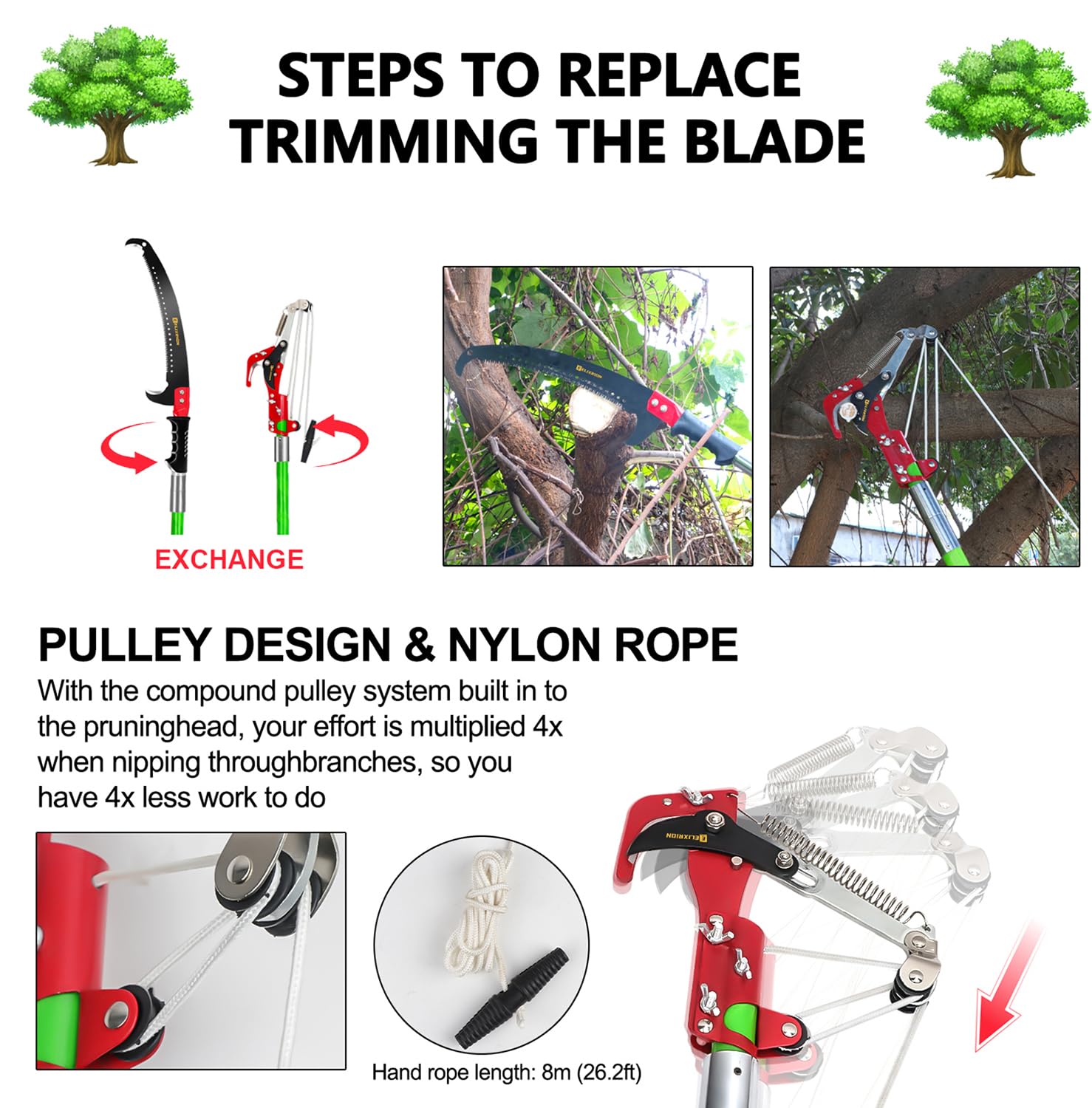 ELIXRION 7-27 Feet Pole Saws for Tree Trimming Manual Branch Pruner Cutter Kits, Manual Pole Saw Cut Branch Garden Tool Tree Pruner Extendable Hand Saw Tree Trimmer Long Handle Pruner with Storage Bag