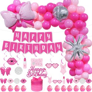 hot pink girl birthday party decorations, pink disco ball bow princess balloon arch, pink happy birthday banner, hanging swirls, cake toppers for princess birthday baby shower bachelorette party decor