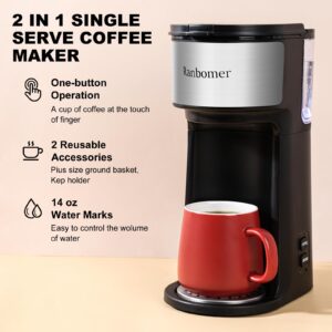 Ranbomer Single Serve Coffee Maker, K Cup and Ground Coffee Machine 2 in 1, 6 to 14 Oz Brew Sizes, Mini One Cup Coffee Maker with Self cleaning Function, Fits Travel Mug, Black