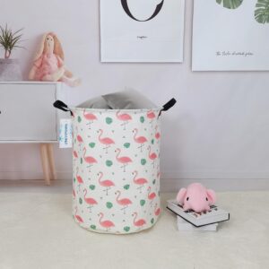 LANGYASHAN Laundry Basket Canvas Fabric Collapsible Organizer Basket for Storage Bin Toy Bins Gift Baskets Bedroom Clothes Children Nursery Hamper (Round Flamingo)