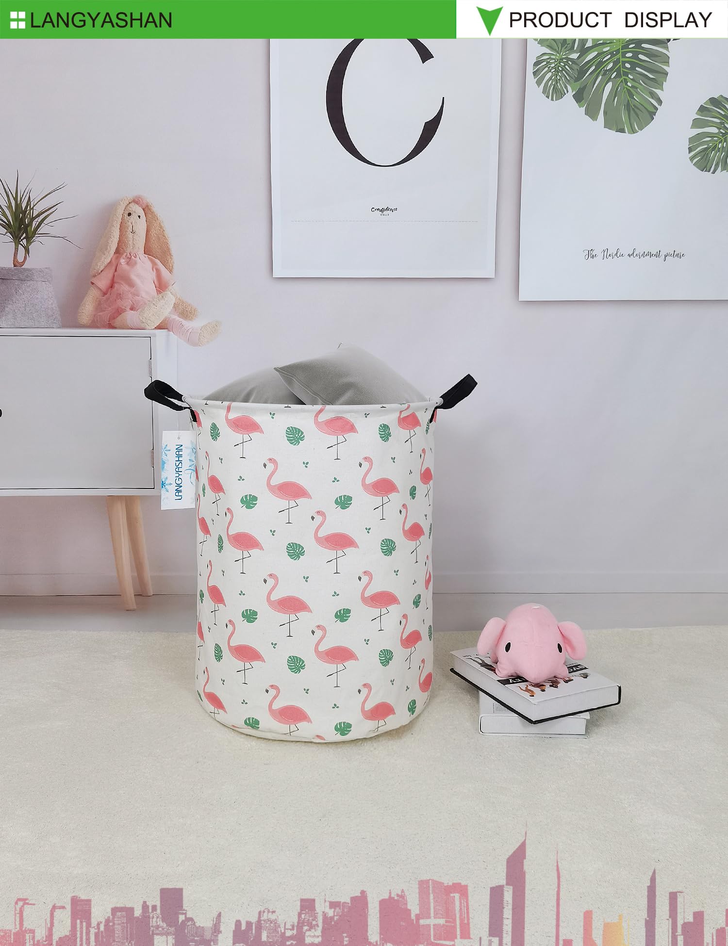 LANGYASHAN Laundry Basket Canvas Fabric Collapsible Organizer Basket for Storage Bin Toy Bins Gift Baskets Bedroom Clothes Children Nursery Hamper (Round Flamingo)