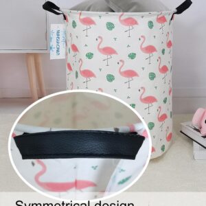 LANGYASHAN Laundry Basket Canvas Fabric Collapsible Organizer Basket for Storage Bin Toy Bins Gift Baskets Bedroom Clothes Children Nursery Hamper (Round Flamingo)