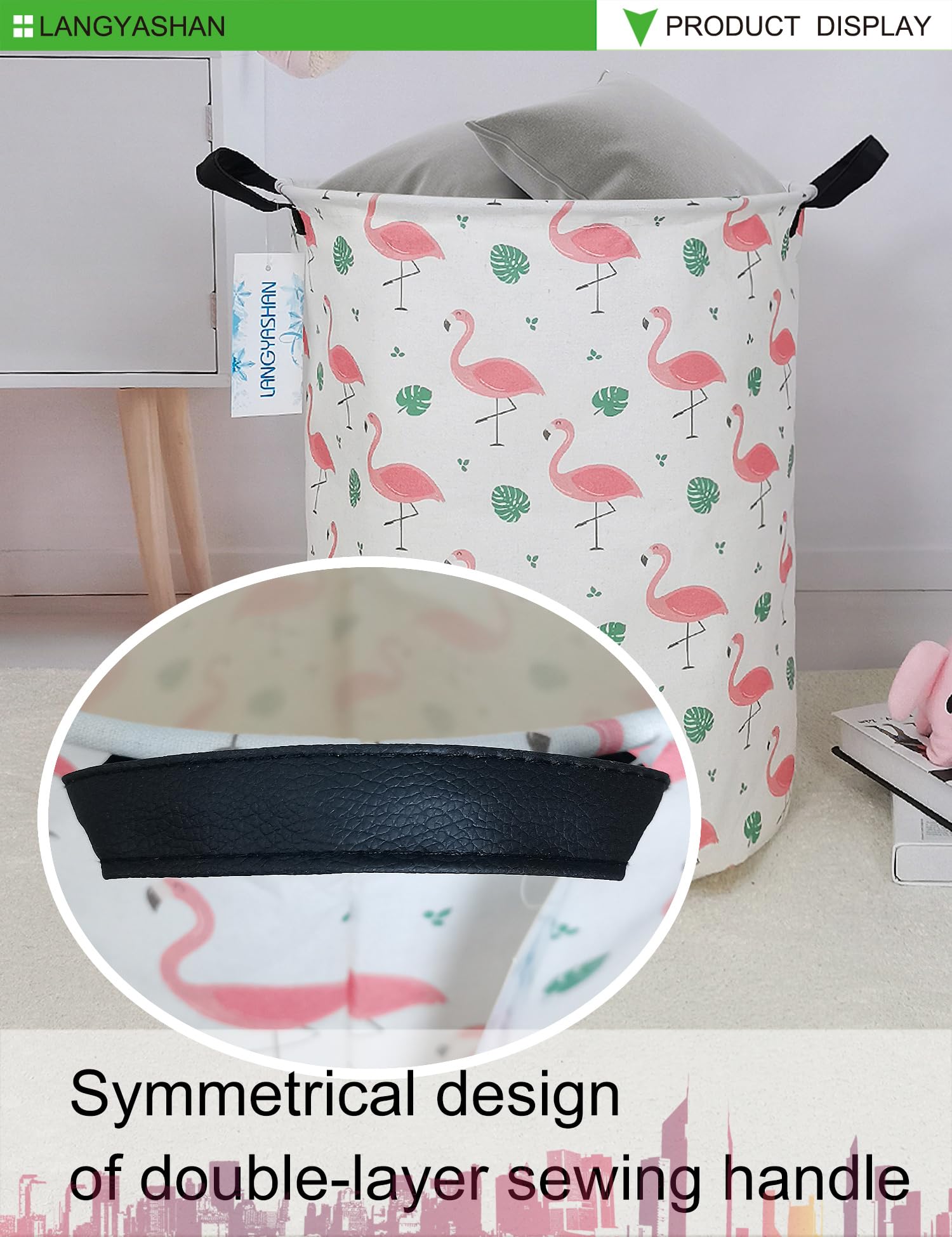 LANGYASHAN Laundry Basket Canvas Fabric Collapsible Organizer Basket for Storage Bin Toy Bins Gift Baskets Bedroom Clothes Children Nursery Hamper (Round Flamingo)