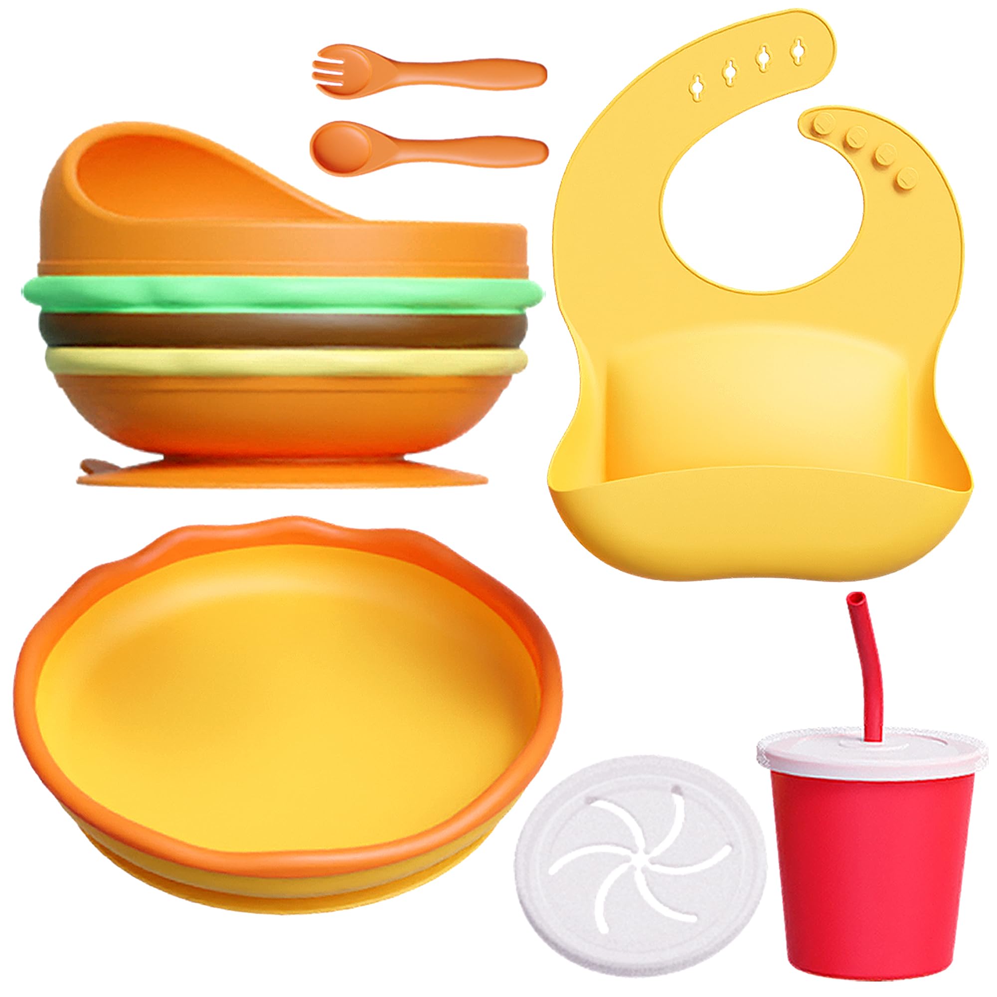 VOD VISUAL Baby Led Weaning Supplies, Silicone Feeding Set - Bowls and Plates with Suction, Toddler Spoons Fork, Cups Replaceable Lids Orange/Yellow standard