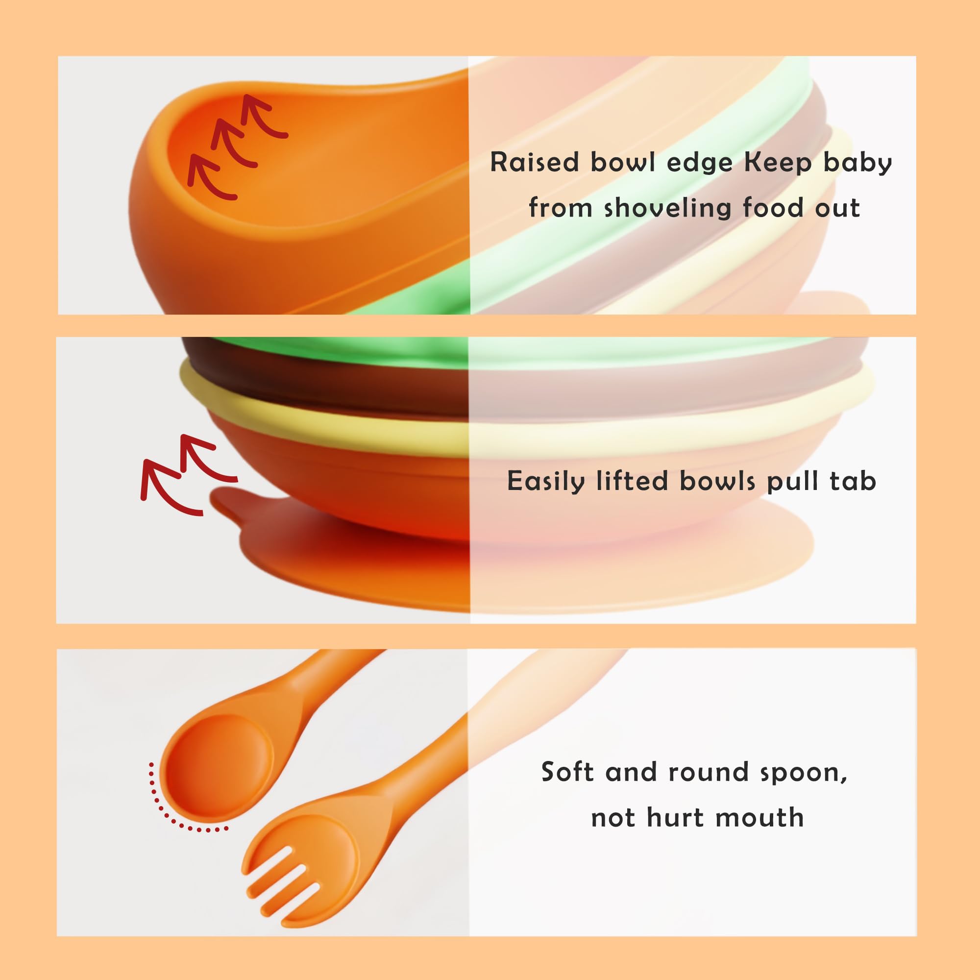 VOD VISUAL Baby Led Weaning Supplies, Silicone Feeding Set - Bowls and Plates with Suction, Toddler Spoons Fork, Cups Replaceable Lids Orange/Yellow standard