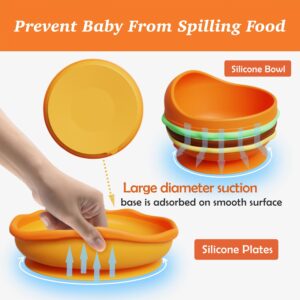 VOD VISUAL Baby Led Weaning Supplies, Silicone Feeding Set - Bowls and Plates with Suction, Toddler Spoons Fork, Cups Replaceable Lids Orange/Yellow standard