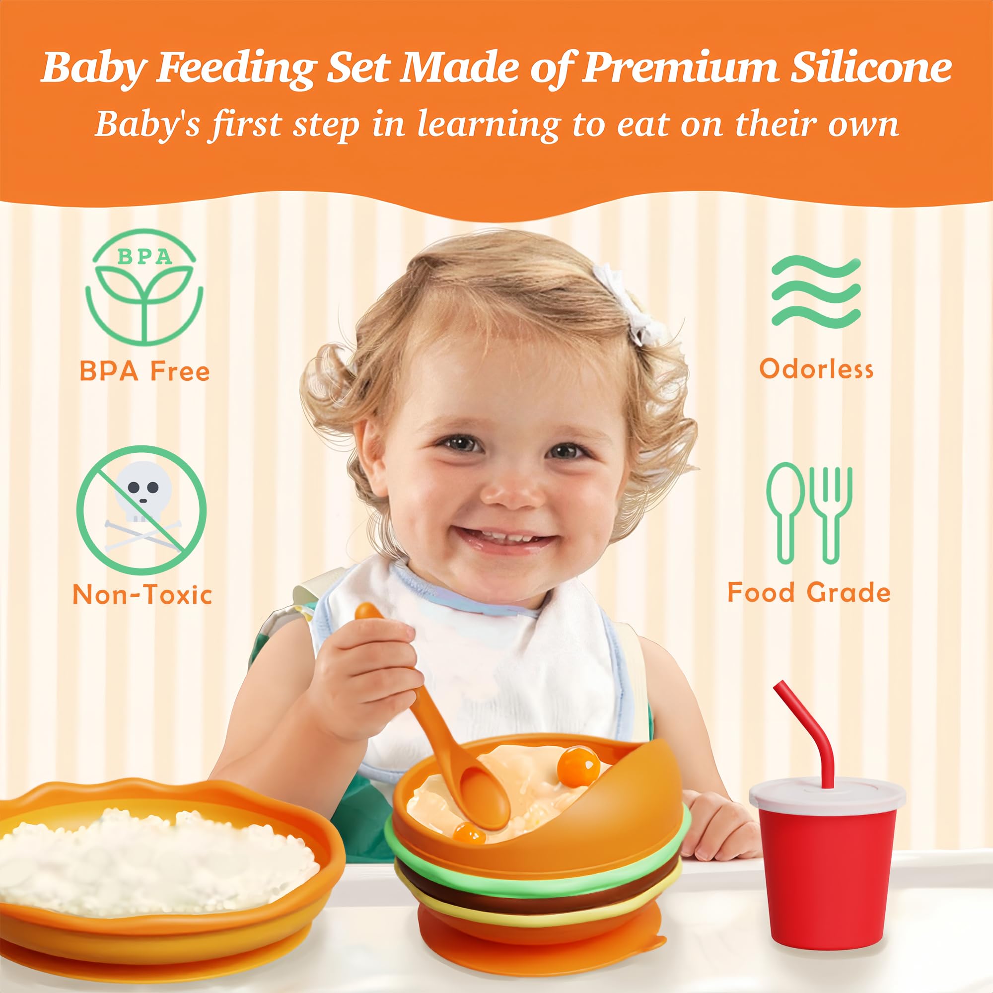 VOD VISUAL Baby Led Weaning Supplies, Silicone Feeding Set - Bowls and Plates with Suction, Toddler Spoons Fork, Cups Replaceable Lids Orange/Yellow standard